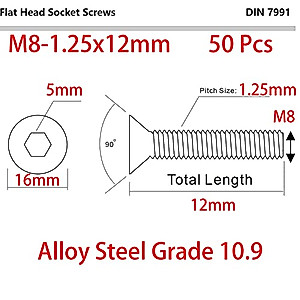 M8-1.25 x 12mm Flat Head Socket Cap Screws,Alloy Steel Grade 10.9, DIN 7991,Black Oxide, Allen Hex Drive,Hex Socket Drive, Fully Thread 50Pcs