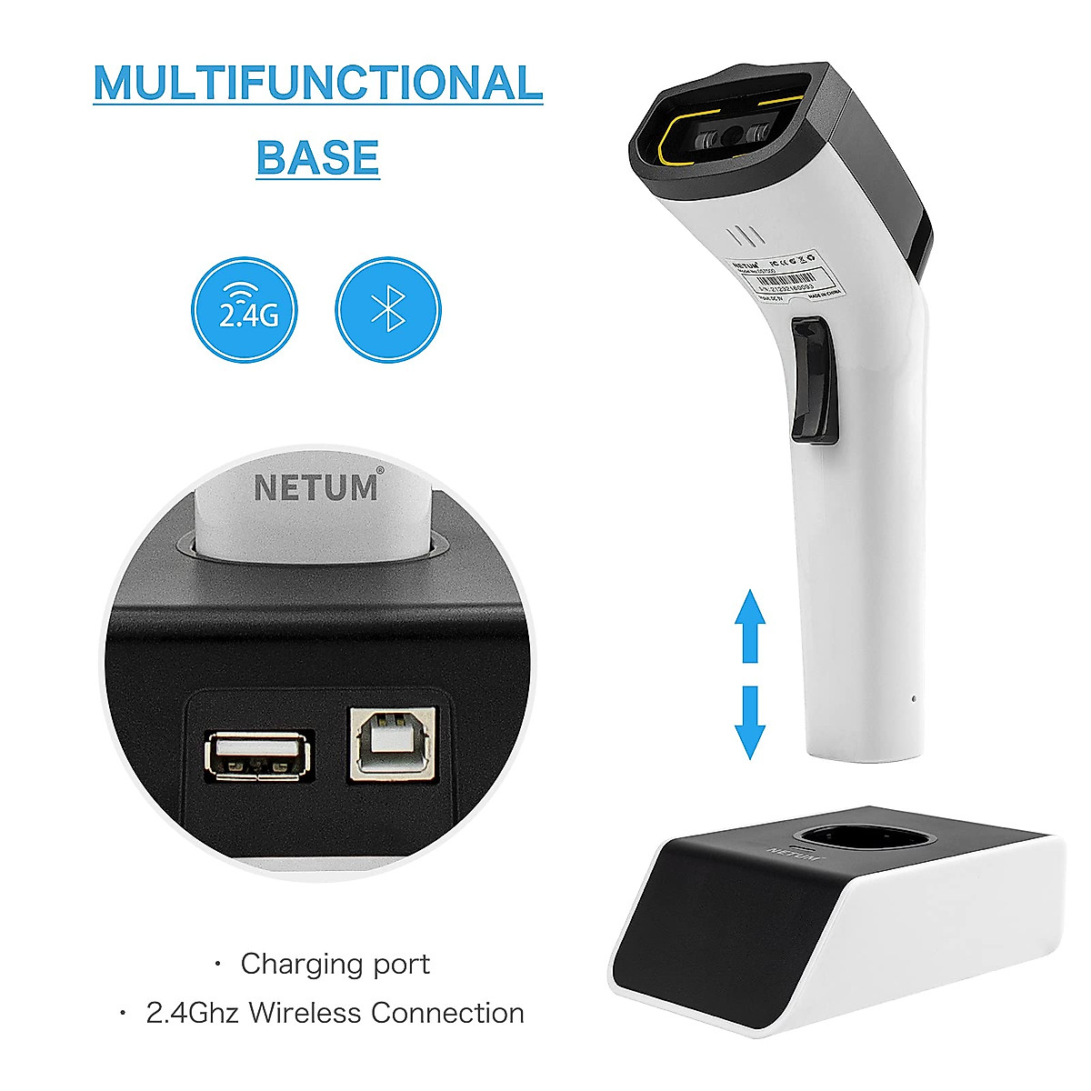 NETUM Fashionable Bluetooth Wireless 1D Barcode Scanner, Hands Free CCD Barcode Reader with Stand and Built-in Memory, Works with MAC OS, Windows, iOS, Android -DS5000