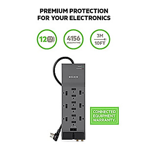 Belkin Power Strip Surge Protector with 12 AC Multiple Outlets, 10 ft Long Flat Plug Heavy Duty Extension Cord for Home, Office, Travel, Computer Desktop, Laptop & Phone Charging Bricks (4,156 Joules)