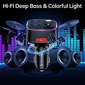 Syncwire Bluetooth 5.3 FM Transmitter Car Adapter 48W (PD 36W & 12W) [Light Switch] [HiFi Bass Sound] [Fast Charging] Wireless Radio Music Adapter LED Display Hands-Free Calling Support USB Drive