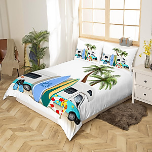 Erosebridal Surf Duvet Cover Beach Printed Hawaii Vacation Theme Bedding Set for Adult Women Girls Family Tropical Botanical Fish Printed Coconut Tree Decor Comforter Cover with Zipper Ties, King