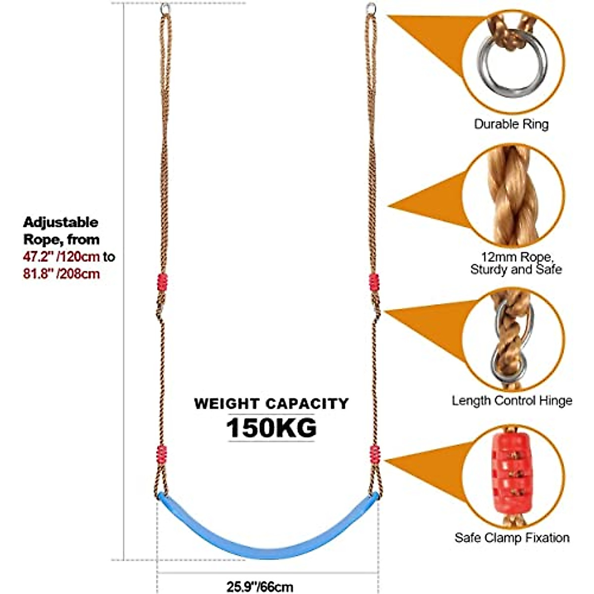 Bobibibo Swing Set 2 Pack Swings Seats Tree Climbing Rope Swing Multicolor with Platforms, Outdoor Toys for Kids Ages 3+, Outside Playground Backyard Swingset Accessories with 5Ft Strap and Snap Hook