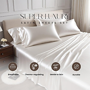 Vuvet Bedding 100% Pure Silk Satin Sheet Set 7pcs, Silk Fitted Sheet 15'' Deep Pocket,Silk Flat Sheet,Silk Duvet Cover & Pillowcases Set !!! King, Aqua Blue