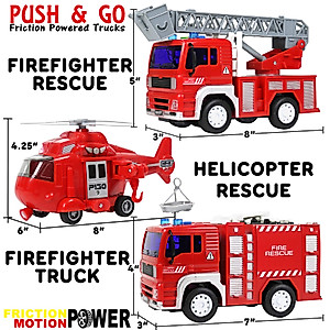 TeganPlay Fire Truck 3 Pack Friction Powered Fire Rescue Vehicle Car Set with Lights and Sounds Including Helicopter, Firefighter and Fire Engine Toys for Boys Toddlers