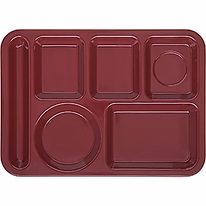 Carlisle FoodService Products Plastic Meal Tray Left-Handed Heavyweight Lunch Tray with 6-Compartments for Schools, Cafeterias, and Dining Halls, Melamine, 14 x 10 Inches, Dark Cranberry, (Pack of 12)