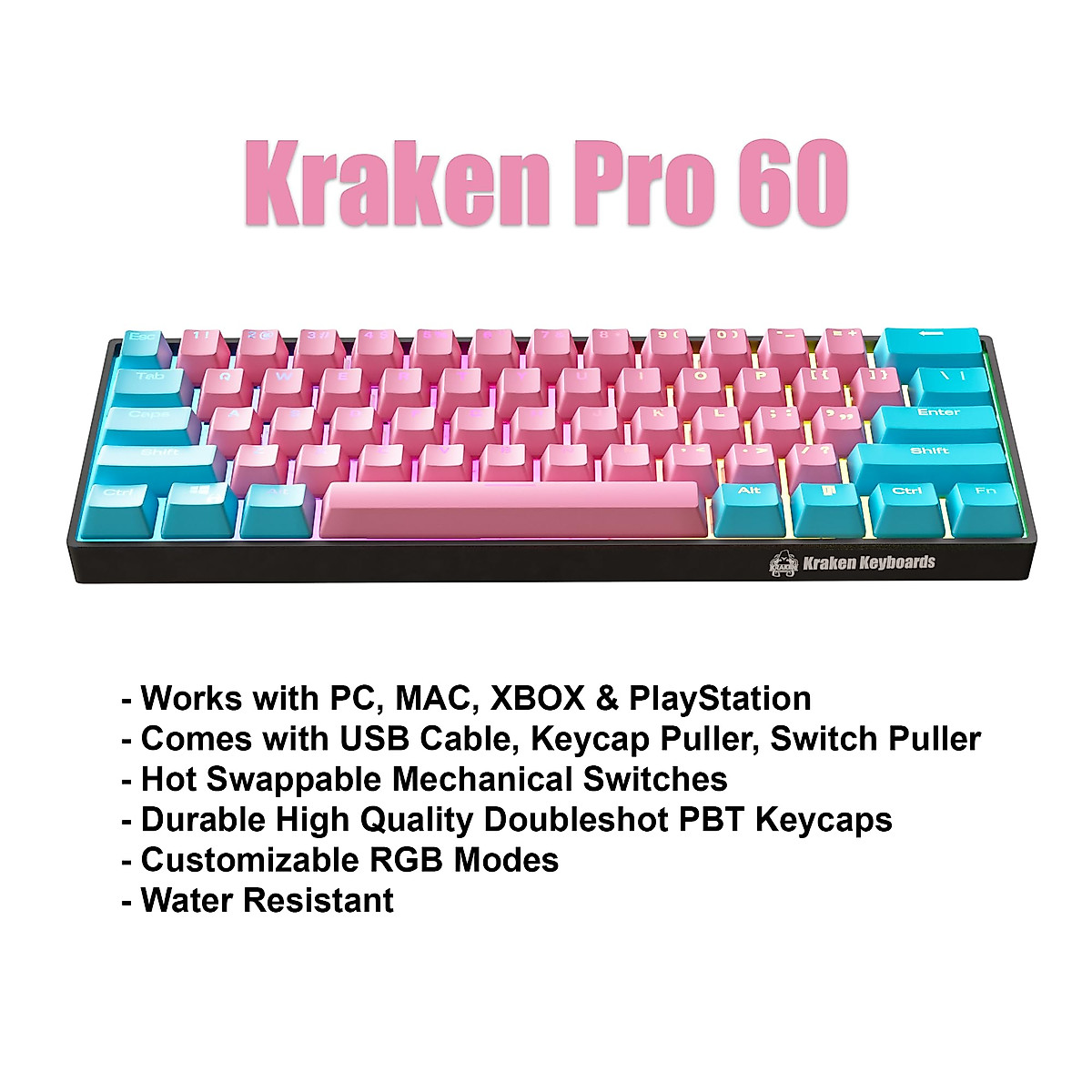 KRAKEN KEYBOARDS Pro 60 Percent Keyboard 60% Gaming Keyboard Mechanical - Blue & Pink - HOT SWAPPABLE - for Gaming On PC, Xbox, PlayStation & MAC (Cotton Candy | Silver Switches)