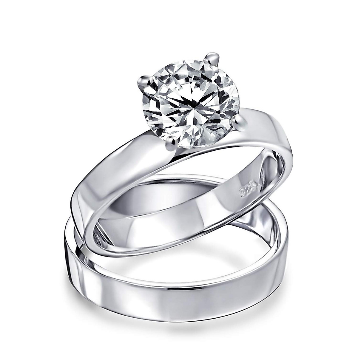 Personalize Classic Simple 2CT Cubic Zirconia Round Solitaire Wide Band AAA CZ Anniversary Engagement Wedding Ring Set For Women .925 Sterling Silver Custom Engraved