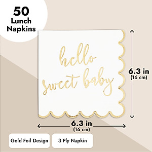 Sparkle and Bash 50 Pack Scalloped Hello Sweet Baby Napkins for Baby Shower Decorations (6.3 In)