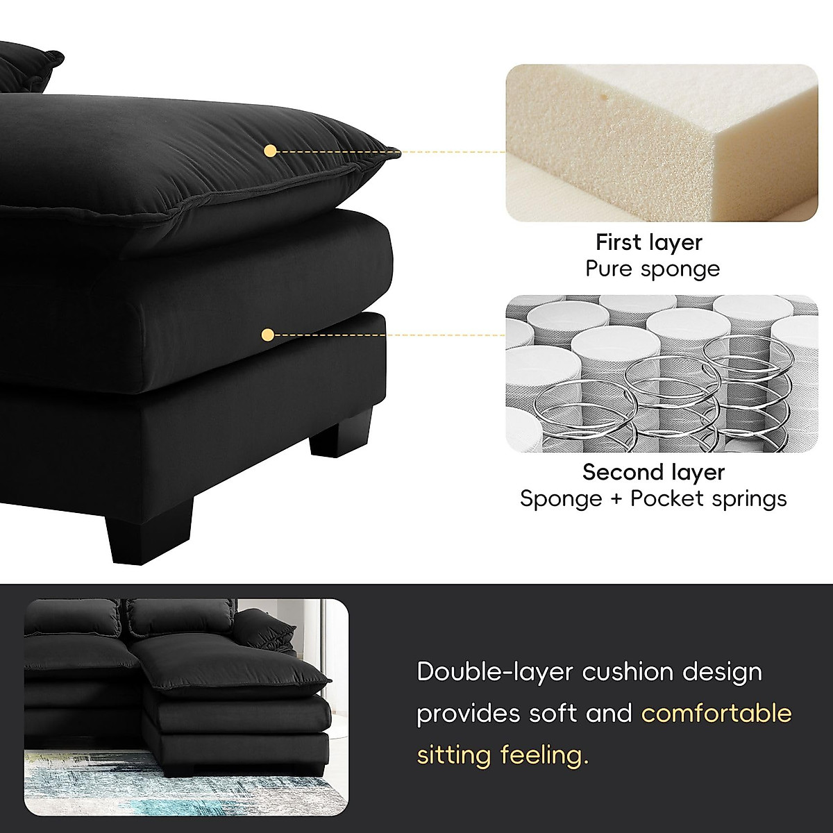 Merax 110" Modular Sectional Couches with Waist Pillows, 6-seat Upholstered Sleeper Sofa Bed Chaise Lounge for Living Room Furniture, Black