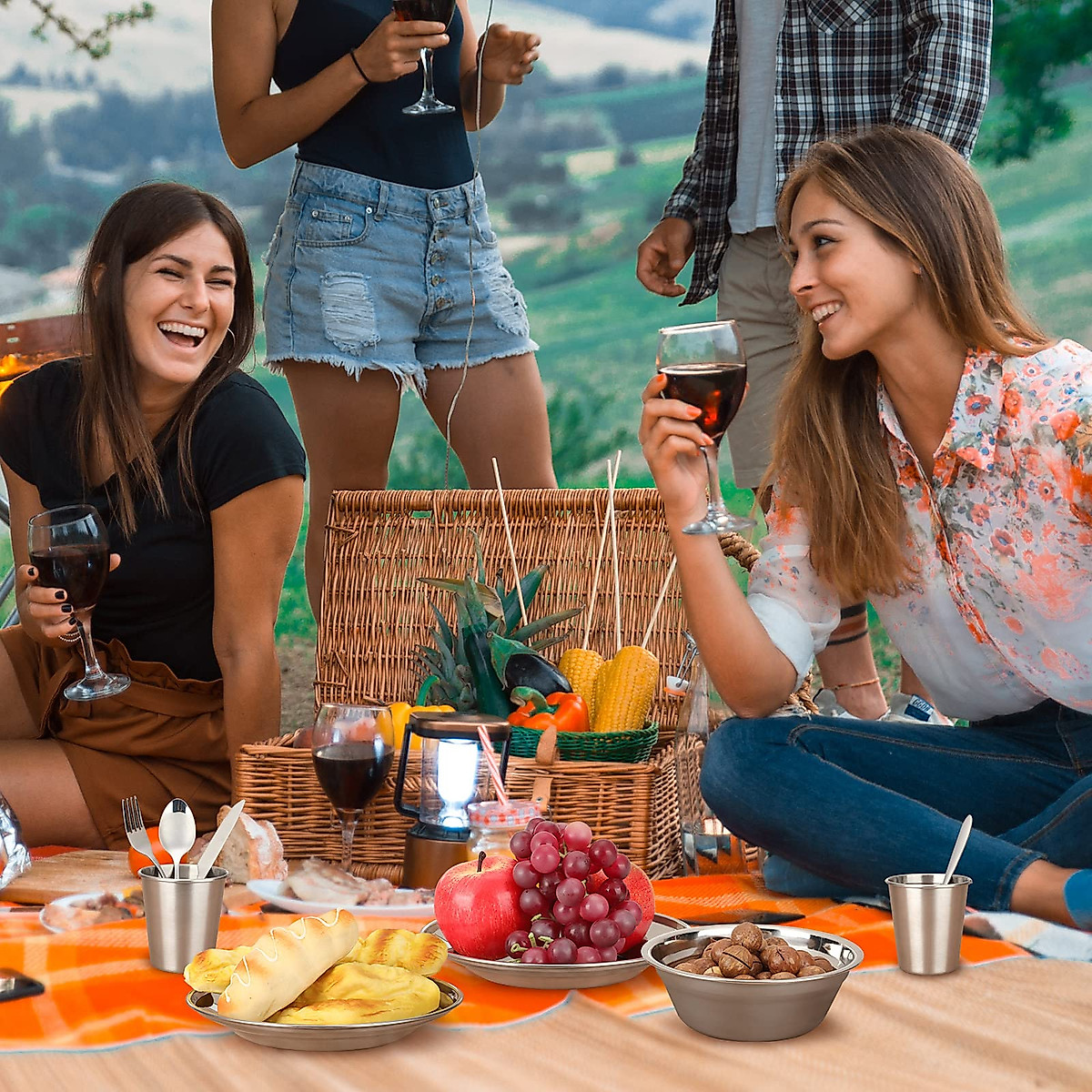 50 Pcs Camping Mess Kit, Polished Stainless Steel Dishes Set, Portable Dinnerware Utensils Tableware with Cups, Plates, Bowls, Mesh Bag for Backpacking Hiking Camping Travel Picnic, 8 Person Set