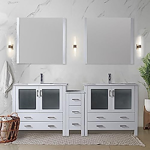Lexora Volez 84 in W x 18.25 in D White Double Bath Vanity with Side Cabinets, White Ceramic Top and 22 in Mirrors