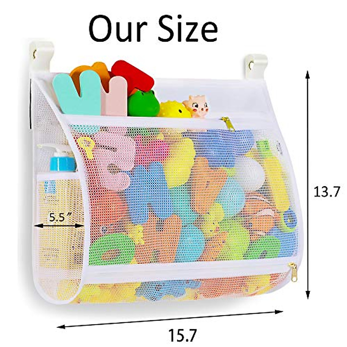 Bath Toy Organizer With Machine Washable, Multiple-suspension Bath Toy Holder, Large Capacity, 2 Side Bags +4 Strong Hooks (1 Large, White)