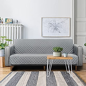 Yastouay Reversible Quilted Sofa Cover, Waterproof Couch Cover for 3 Cushion Couch Sofa, Washable Sofa Slipcover Furniture Protector with Non-Slip Foam and Elastic Strap for Dogs, Pets, Kids, Gray