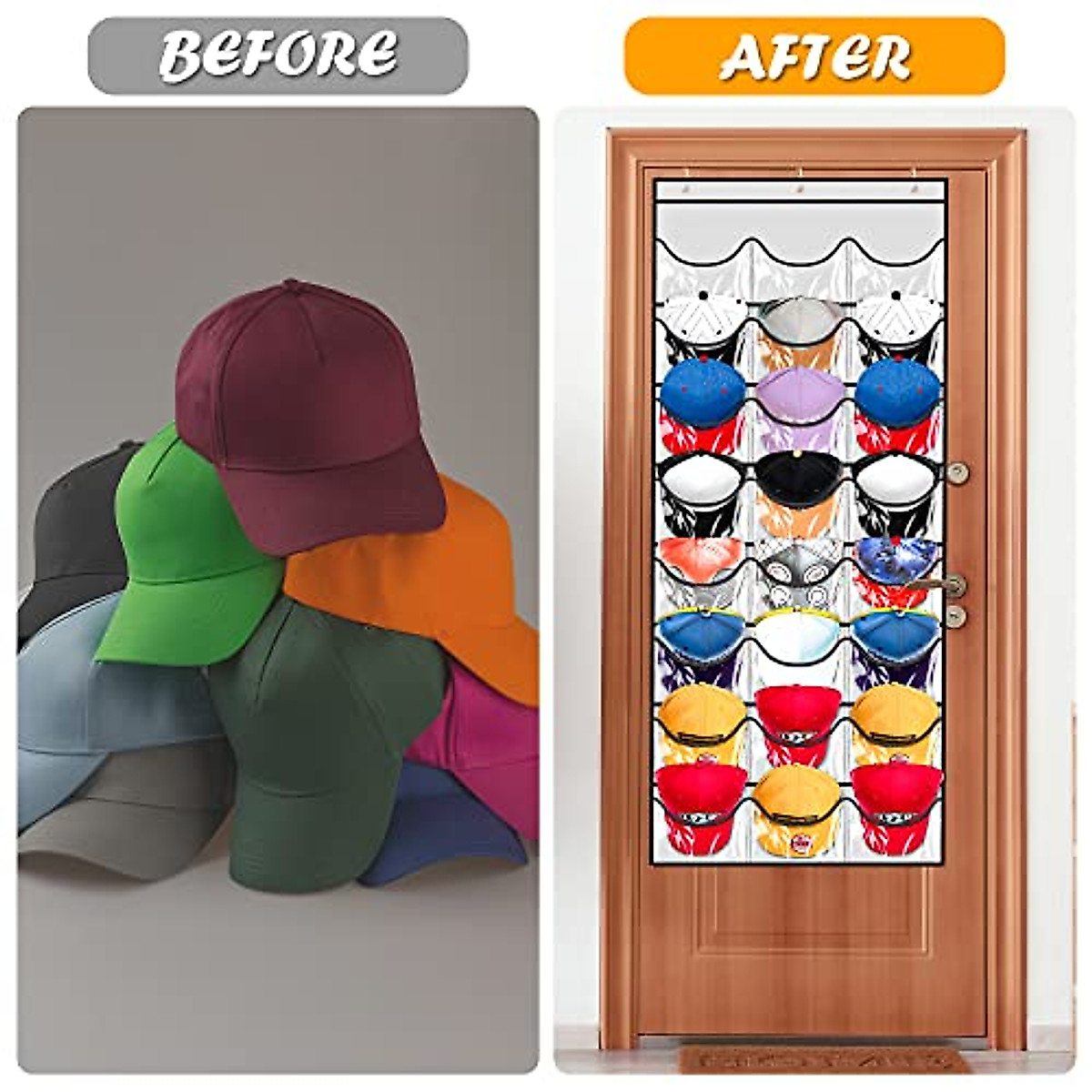 kingdalux Baseball Hat Rack 24 Pocket for Wall or Over The Door Cap Organizer with Clear Deep Pockets, for Hat Storage & Ballcap Caps Display Holder, Complete with Over Door Hooks