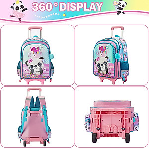 Meetbelify Rolling Backpack for Girls 5 in 1 Panda Elementary Student School Backpacks with Wheels Trip Luggage 17 inch kids Laptop Bag with Lunch Box for Teen Girls