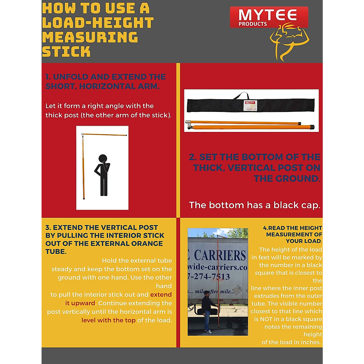 Mytee Products Heavy Duty 15' Load Height Measuring Stick - Adjustable Height Stick for Trucks & Trailer with Carrying Bag