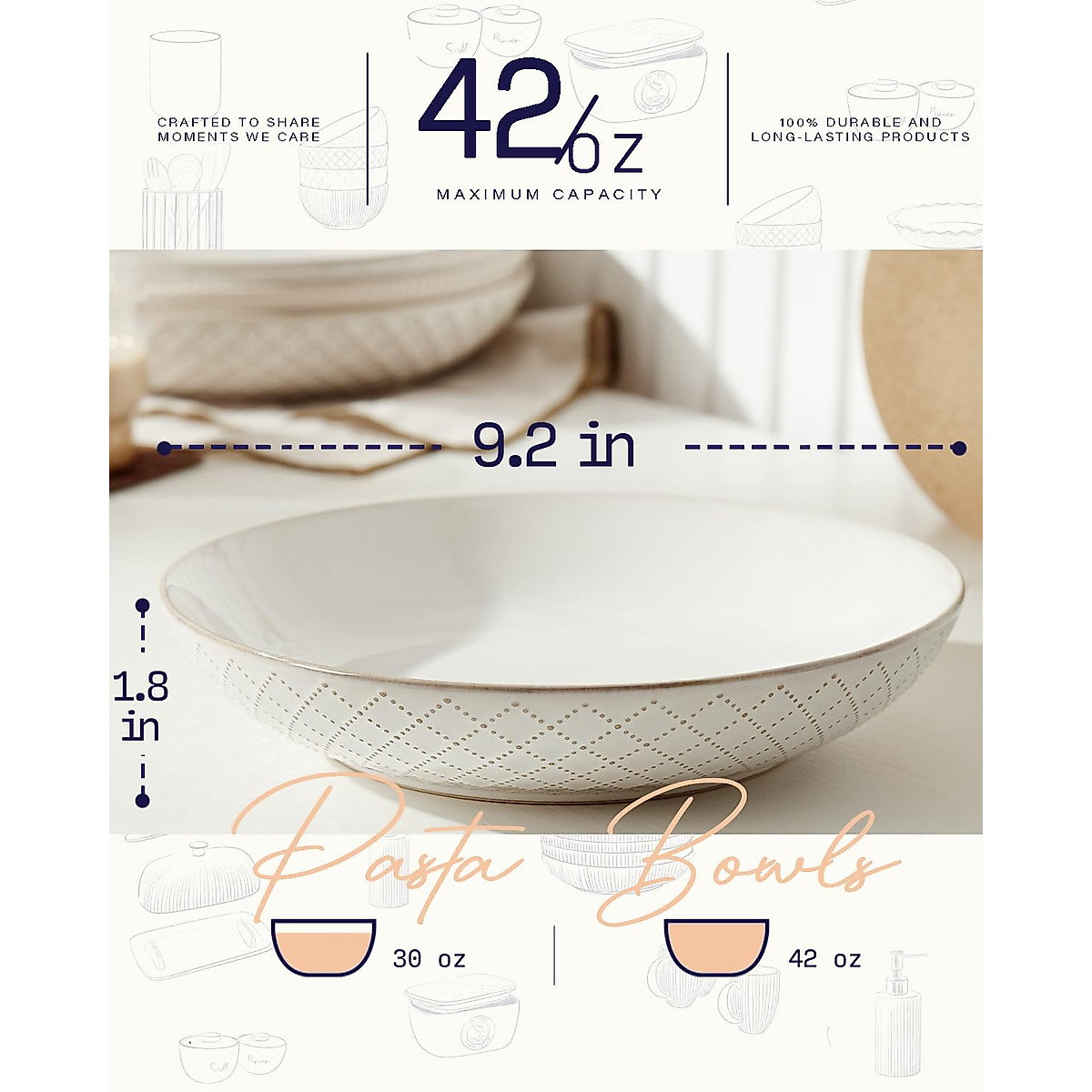 getstar Pasta Bowls, Large Salad Serving Bowls (9.2 inch/42 oz), Ceramic Bowl Plates Set of 4, Farmhouse Embossments, Microwave and Dishwasher Safe