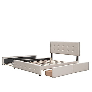 SIYSNKSI Modern Queen Size Platform Bed with 2 Drawers and 1 Twin XL Trundle, Upholstered Platform Bed Frame with Wood Slats and Headboard, Linen Fabric Storage Bed (Dark Beige-Queen-4)