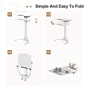 JOY worker Foldable Mobile Standing Desk, Pneumatic Height Adjustable Sit Stand Desk, 90° Tiltable Rolling Laptop Desk, Portable Desk with Wheels Non-Slip Mat for Home Office, Holds Up to 22lbs, White