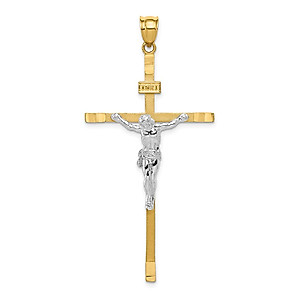 Solid 14k Yellow and White Gold Two Tone Cross Pendant Crucifix Charm - 55mm x 26mm