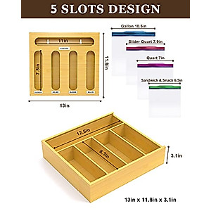 VenDotbi Bag Storage Organizer, Bamboo baggie organizer with Slider, Suitable for Kitchens and Countertop to Storage Gallon, Quart, Sandwich & Snack Bags and other Size Bag Organizer-Natural
