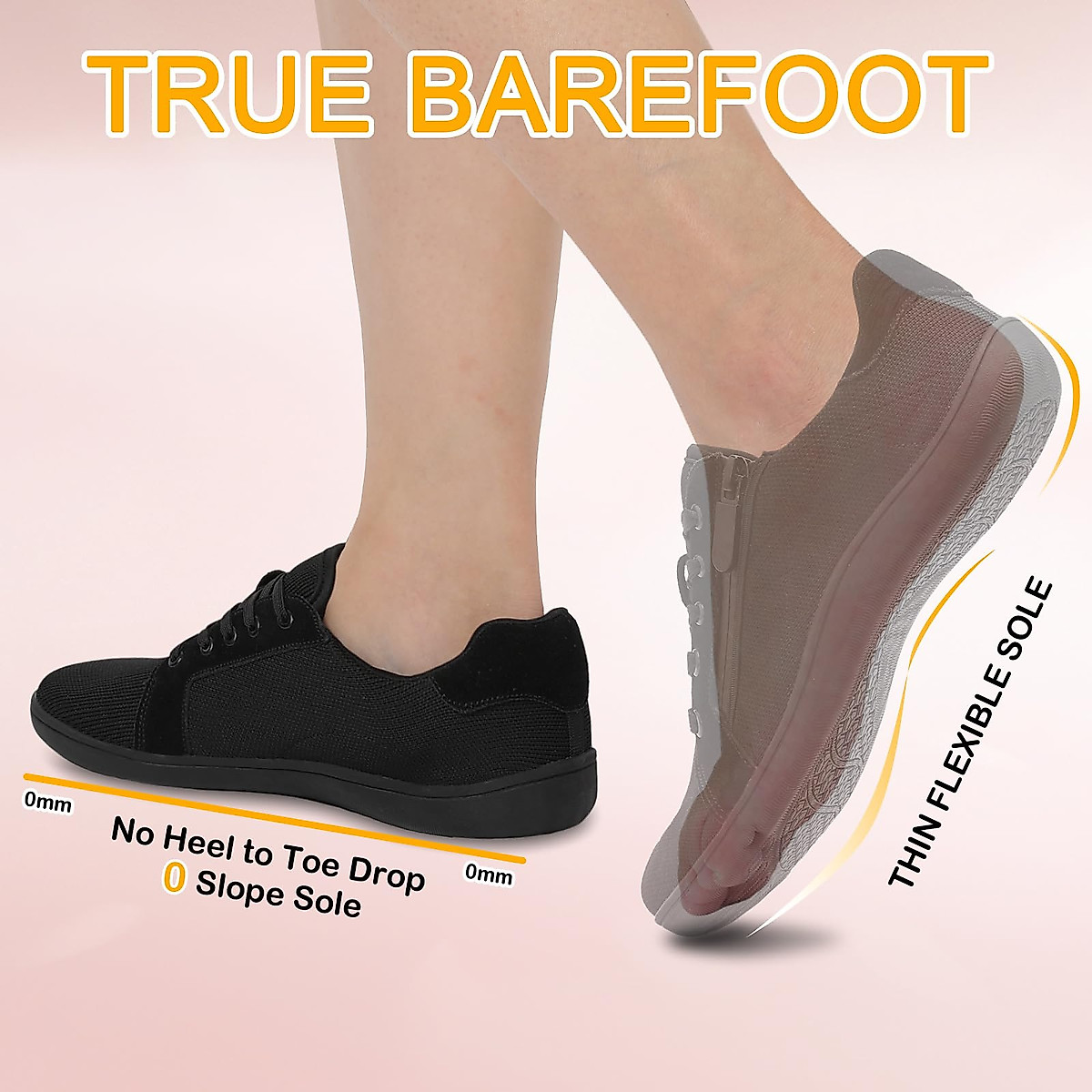 SKASO Walking Shoes Women Barefoot Shoes Wide Toe Comfortable Minimalist Shoes Zero Drop for Casual Office Driving Black Size 9 Wide