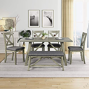 GLORHOME 6 Pieces 5 Family Dining Set for 6 Farmhouse Rustic Style Rectangular Wood Table and Padded 4 Chairs 1 Bench for Kitchen, Gray