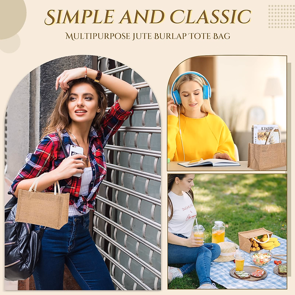 Cunno 12 Pcs Burlap Tote Bags Mini Jute Reusable Bag with Handles Small Blank Canvas Gift Bag Water Proof for Wedding Beach DIY 9.06x5.12x6.3inch(Classic Style)