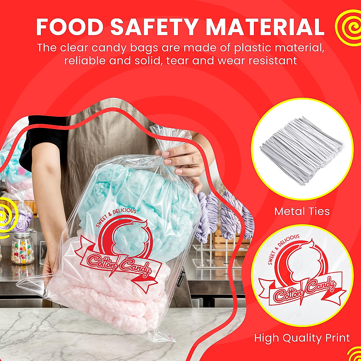 Clear Cotton Candy Bags with Ties, Bulk 500 Count, Cotton Candy Supplies Perfect for Cotton Candy Sticks and Cotton Candy Cones, Cotton Candy Bulk Individual Bags for Cotton Candy Stand Accessories