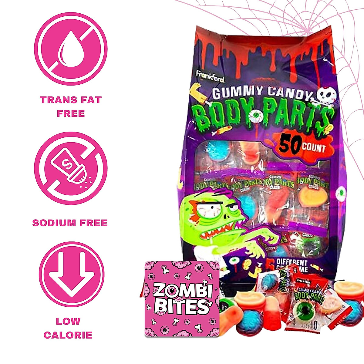 Gummy Candy Pack by Zombibites. Features One-13.2 Oz 50 Ct of Frankford's Body Parts Gummies Candies. Assorted Body Parts Candy for Halloween Gummies Candy. And a Free Zombibites Fridge Magnet!