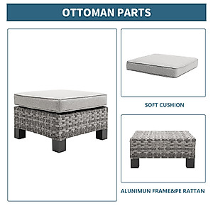 LebenLiebe Outdoor Patio Ottomanr Wicker Ottomans for Patio 2 Pieces Rattan Ottoman All-Weather Square Outdoor Footstool Footrest with Grey Cushions