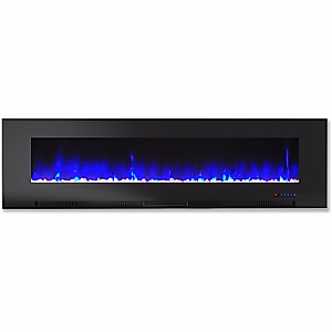 Hanover Fireside 60'' Wall Mounted Electric Fireplace with Crystal Rock Display and LED Multi-Color Realistic Flame, Modern Wall Fireplace Heater for Home and Office with Remote Control in Black