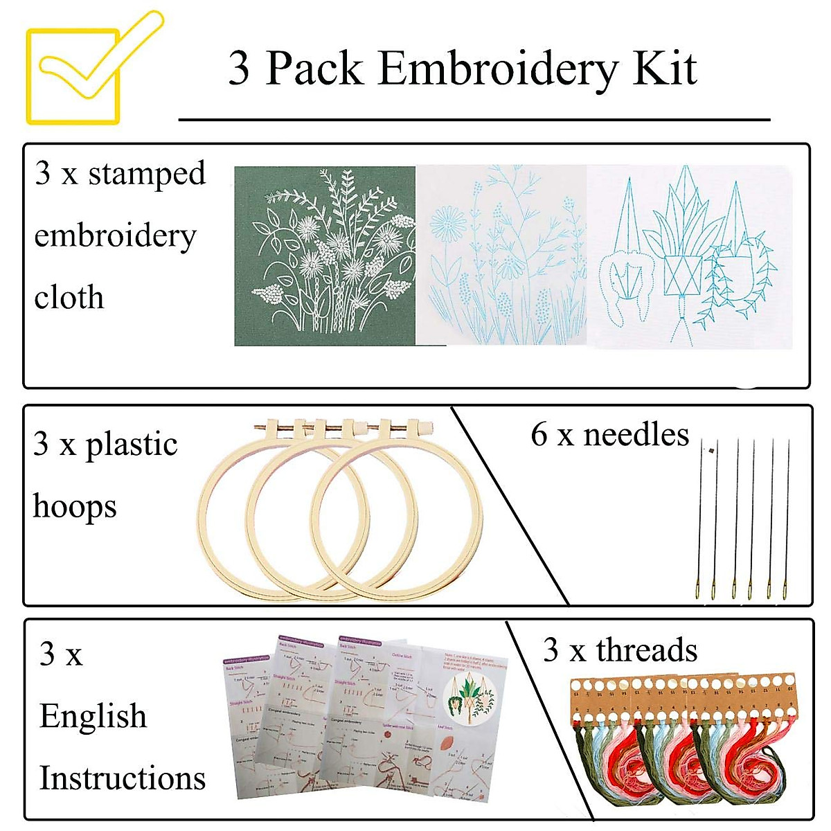 Nuberlic 3 Pack Embroidery Kits for Beginners Starters Cross Stitch Kits with Pattern for Adults Kids Craft Stamped Embroidery Cloth 3 Hoops Threads Needles