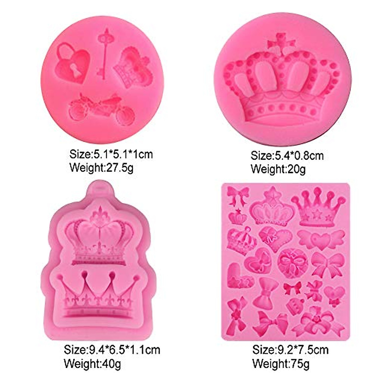 SIMUR 4 Pack Crown Fondant Candy Silicone Molds Bows Crown Heart Mold for Sugarcraft, Cake Decoration, Cupcake Topper, Chocolate, Pastry, Cookie Decor, Jewelry, Clay, Epoxy Resin, Crafting Projects