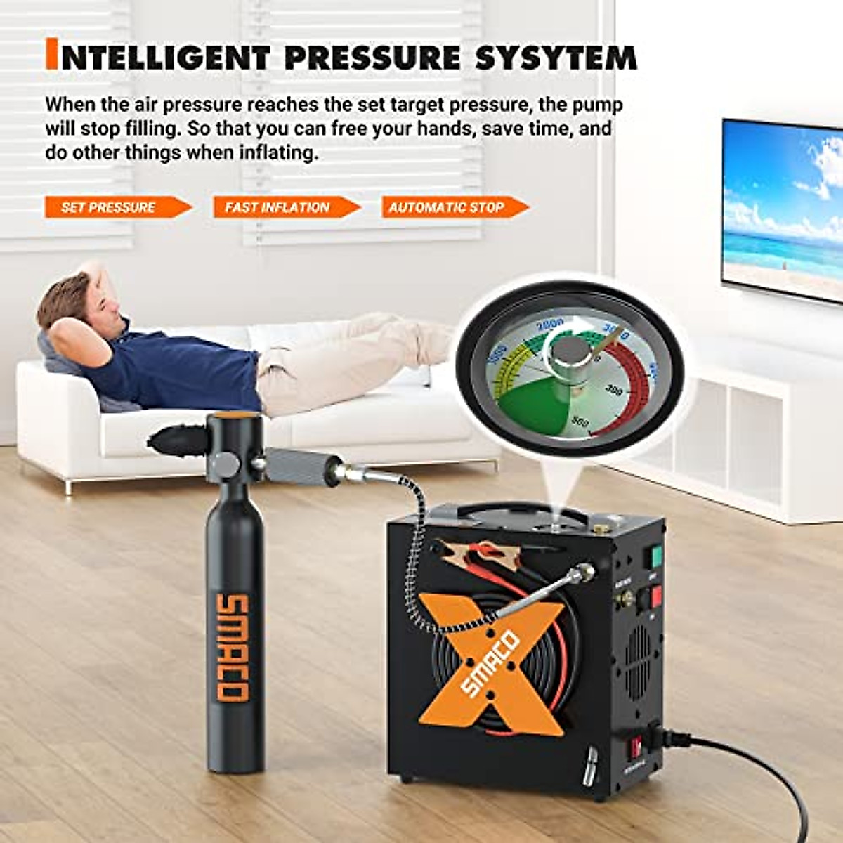 SMACO PCP Air Compressor 4500Psi/30Mpa High Pressure Air Compressor Paintball Scuba Tank Compressor HPA Pump Fill Station Auto-Stop,Oil-Free Powered by 12V DC or 110V AC with Water/Oil Separator