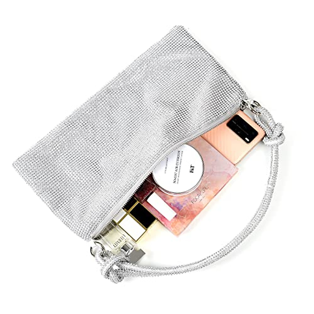 Valleycomfy Chic Rhinestone Purses for Women Sparkly Evening Handbag Bling Hobo Bag Shiny Silver Clutch Purse for Party Club Wedding