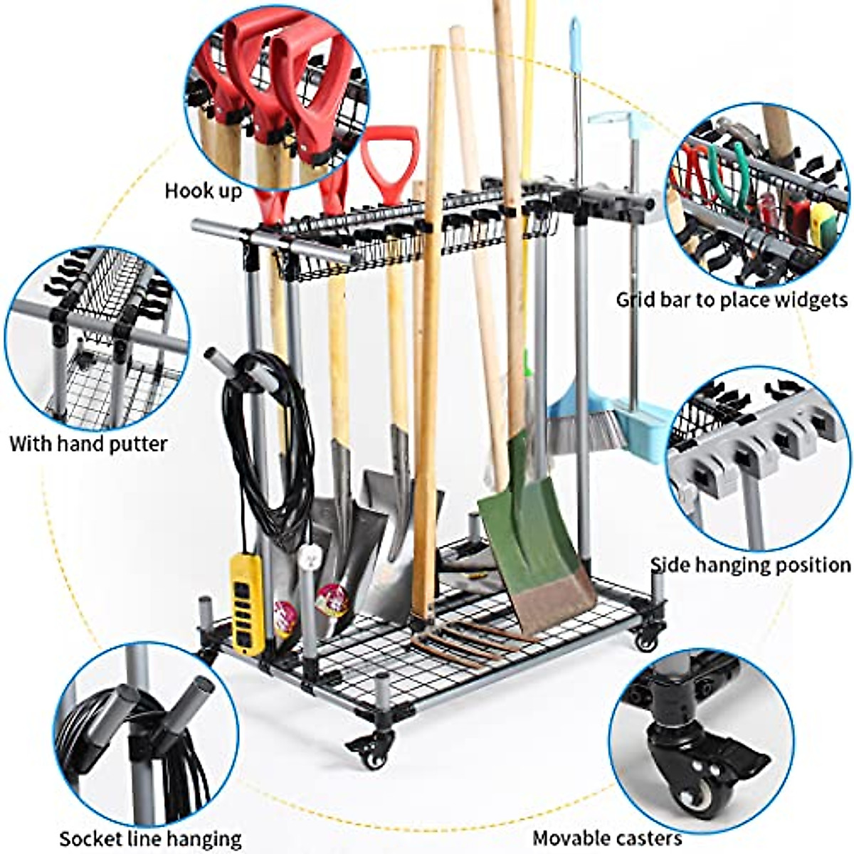QTJH Mobile garden tool organizer metal Garage Storage Holder storage large long lawn tools heavy duty tool rack sturdy yard cart