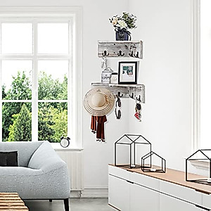 WGFKVAS Corner Shelf Wall Mounted Set of 2, Solid Wood Corner Floating Shelves with Hooks, Rustic White Wall Storage Display Shelf for Wall Decor Living Room, Entryway, Office, Bathroom