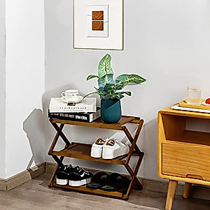 Small 3-Tier Shoe Rack for Closet & Entryway, Installation-free Foldable Bamboo Shoes Storage Organizer, Sturdy Free Standing Three Shelf Shoe Stand for 6-9 Pairs, Brown 20x17x9 Inches