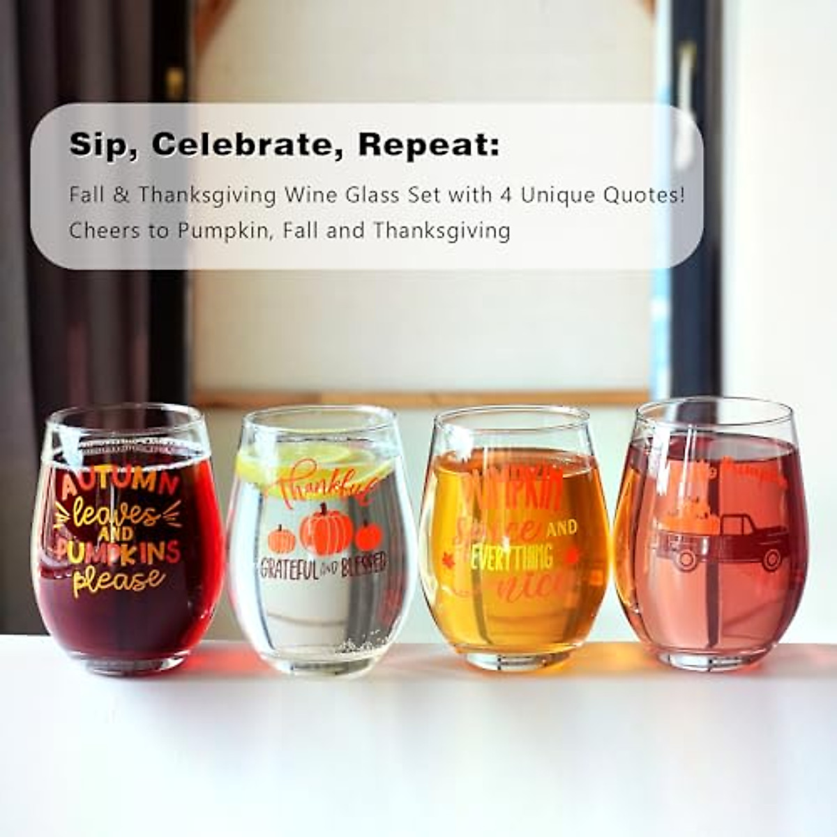 CNVOILA Fall Wine Glass Set: Stemless Drinking Glasses & Cups for Thanksgiving, Autumm Halloween Decor & Decorations, Pumpkin Mugs Cuos Perfect Fall Gifts 4pc