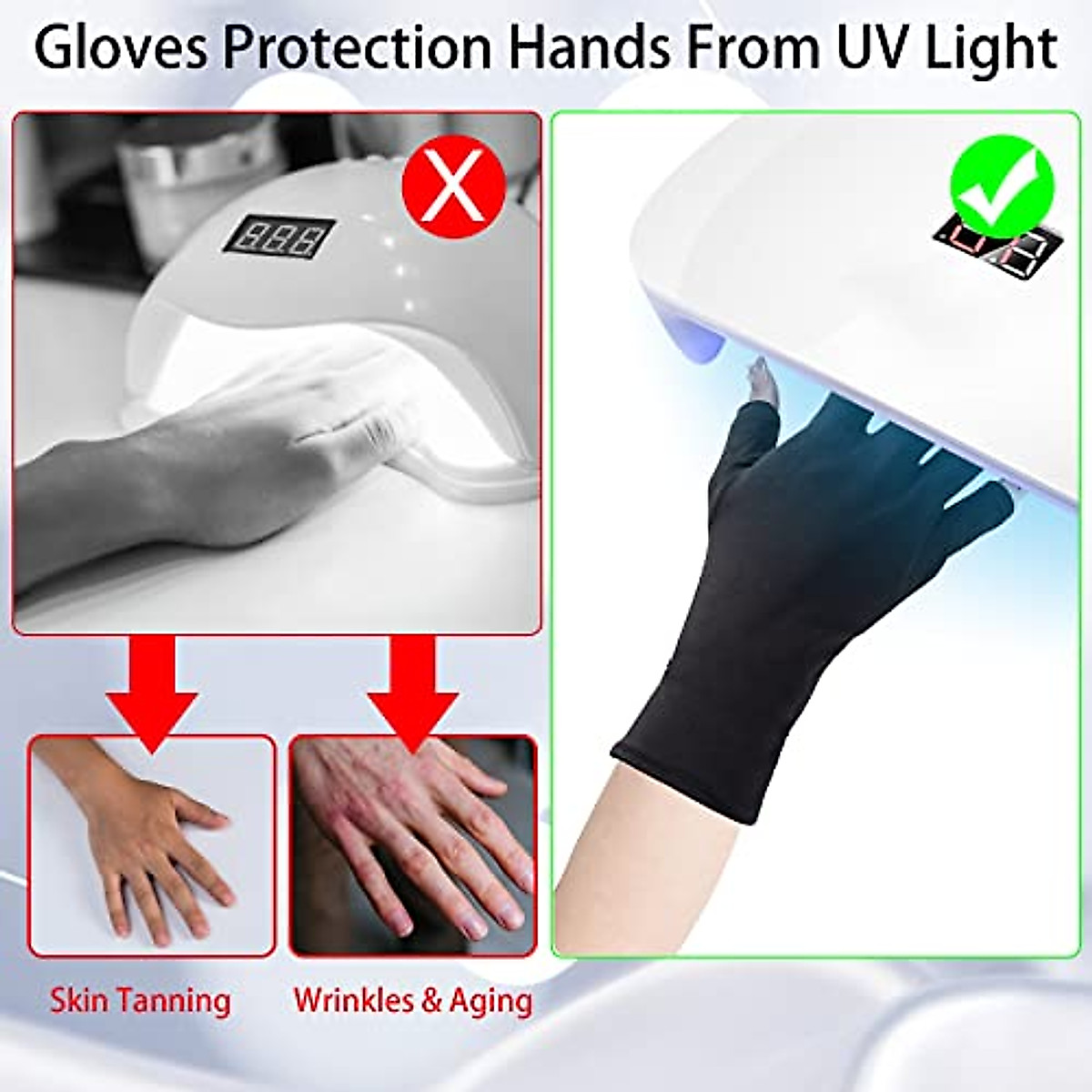 ANCIRS 2 Pairs UV Gloves for Gel Nail Lamp, Anti UV Fingerless Gloves for Nail Art DIY Accessories, Gel Manicure UV Shield Gloves for Hand Skin Care Protection-Black