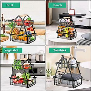 ZUOVAOV 2 Tier Countertop Fruit Basket, Removable Metal Rectangular Wire Basket, Black Vegetable Bread Basket Storage Rack, Kitchen Table Top Fruit Bowl (Black)