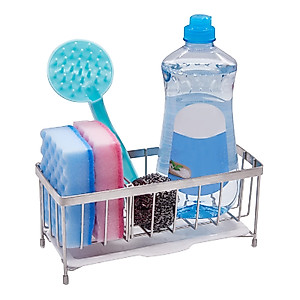 Biomoty Kitchen Countertop Sponge Holder, 304 Stainless Steel Kitchen Sink Organizers for Cleaning Tools, Dish Soap Organizer for Kitchen, Sink Scrubber Brush Caddy Holder with Removable Drain Tray