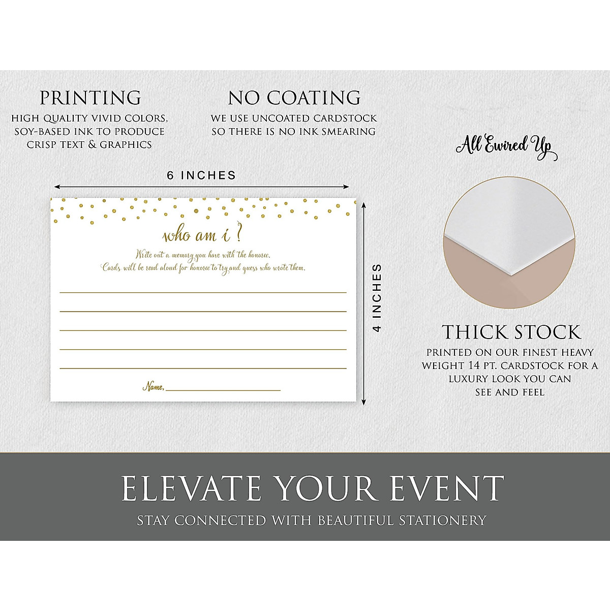 Who Am I? - Favorite Memory Game - Gold Confetti (50-cards) Bridal Showers, Baby Showers, Weddings, Anniversary Parties, Retirement, Milestones, Any Occasion