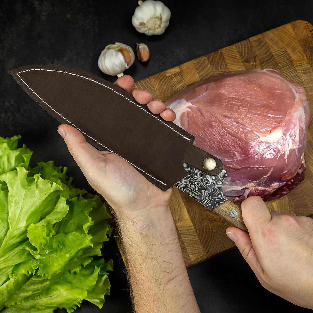 BPS Knives Rosemary - 8 Inch Chef’s Knife with Leather Case - Super Sharp Professional Chef Knife - Premium Stainless Steel Kitchen Knife - Gifts for Men and Women