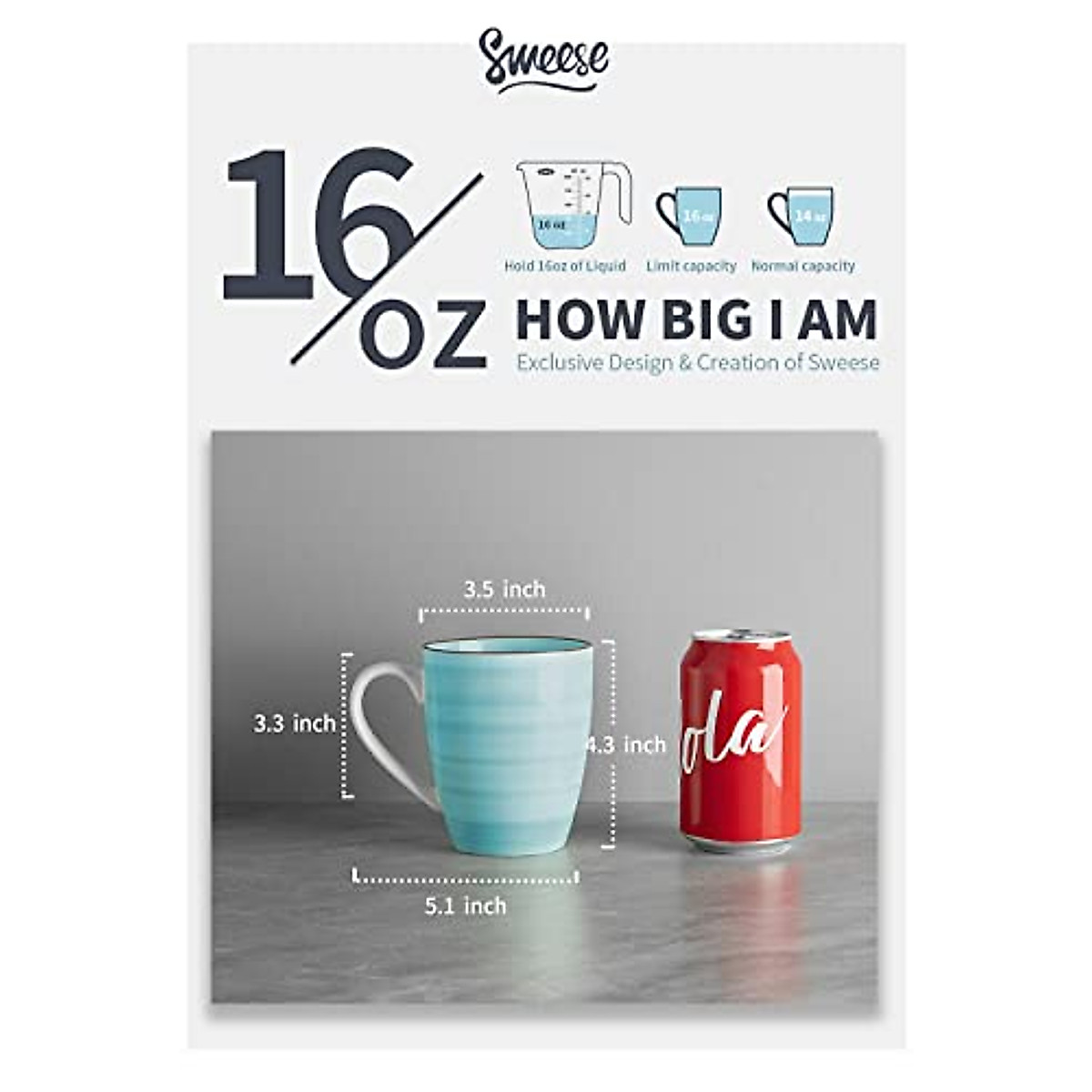 Sweese 16 oz Coffee Mugs Set of 6 for Latte Ice Americano Hot Tea Beverage Cocoa, Porcelain Tea Cup with Handle, Dishwasher Safe, Multicolor, Gradient Colors, 626.002