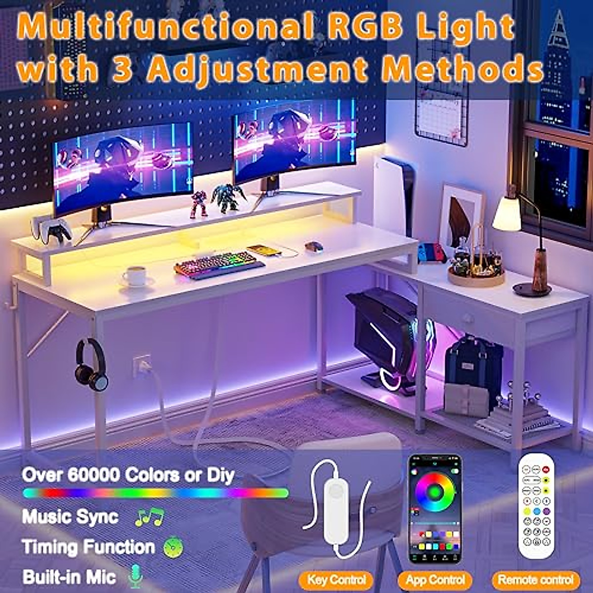 Furologee White L Shaped Desk with LED Lights & Power Outlet, Reversible Corner Computer Desk/91in Long Desk with Fabric Drawer and Shelves, Home Office Gaming Table with Monitor Stand-(55.1+39.4) in