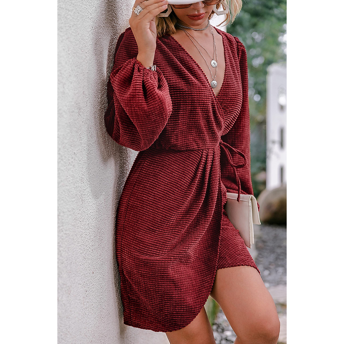 BerryGo Women's 2023 Elegant Velvet Wrap Long Balloon Sleeve Party Dresses Deep V Neck Cocktail Mini Fall Dress Wine Red,XL