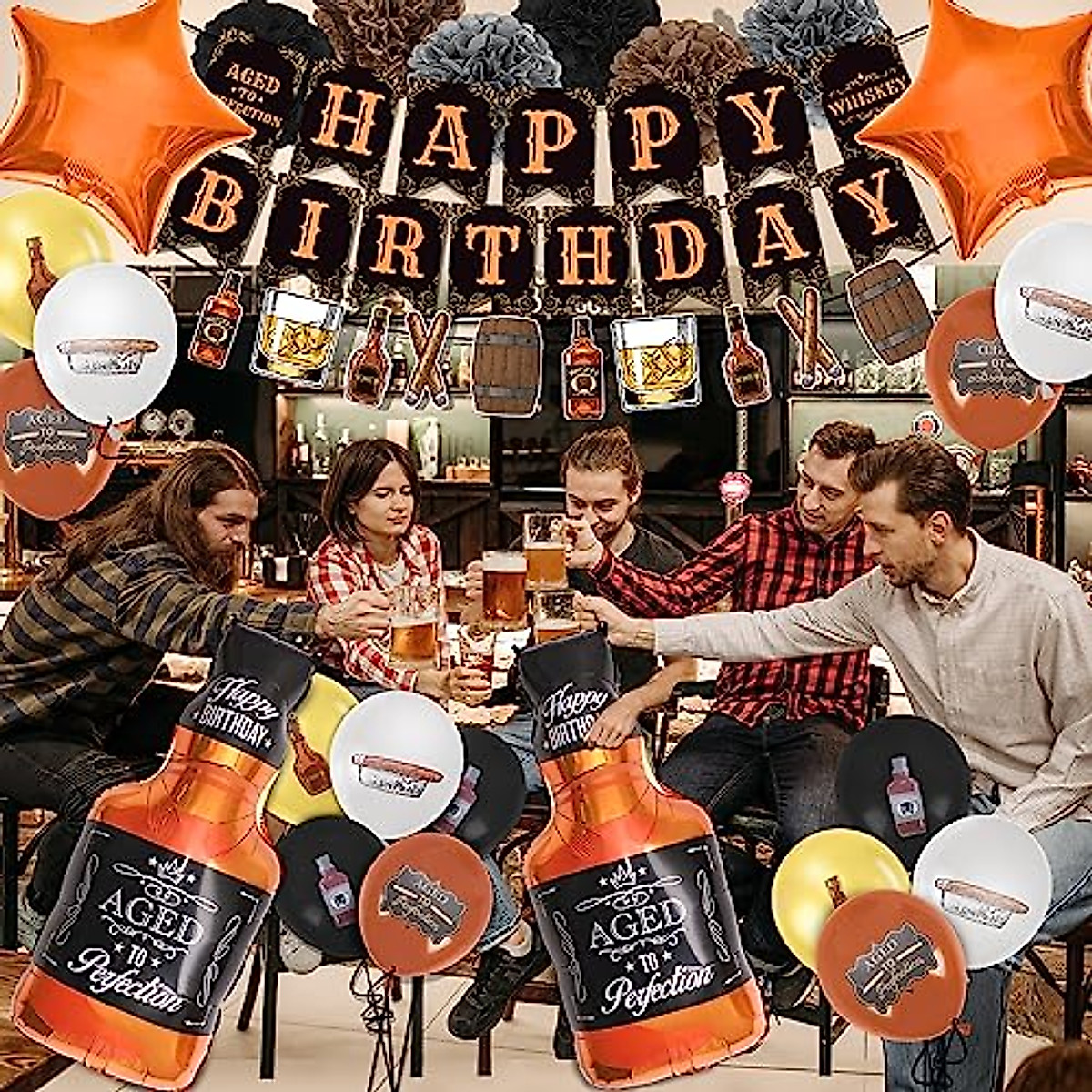 Miucat Whiskey Birthday Party Decorations for Men, Aged to Perfection Supplies with Garland, Banner, Cake Toppers, Balloons, Tissue Paper Flowers Men 30th 40th 50th