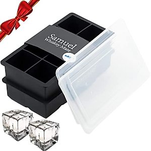 Samuelworld Large Silicone Ice Cube Tray Molds, 2-Pack, Big 2 Inch Cubes - BPA Free, Flexible, 8 Cavity Easy Release Slow Melting Ice for Whiskey, Cocktails, Gifts - Black (With Lids)